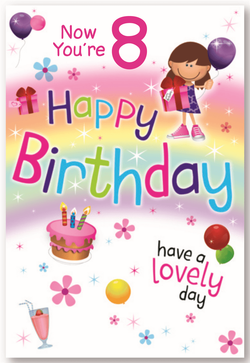 Age 8 birthday card- cake and balloons – Cards Through The Post.com