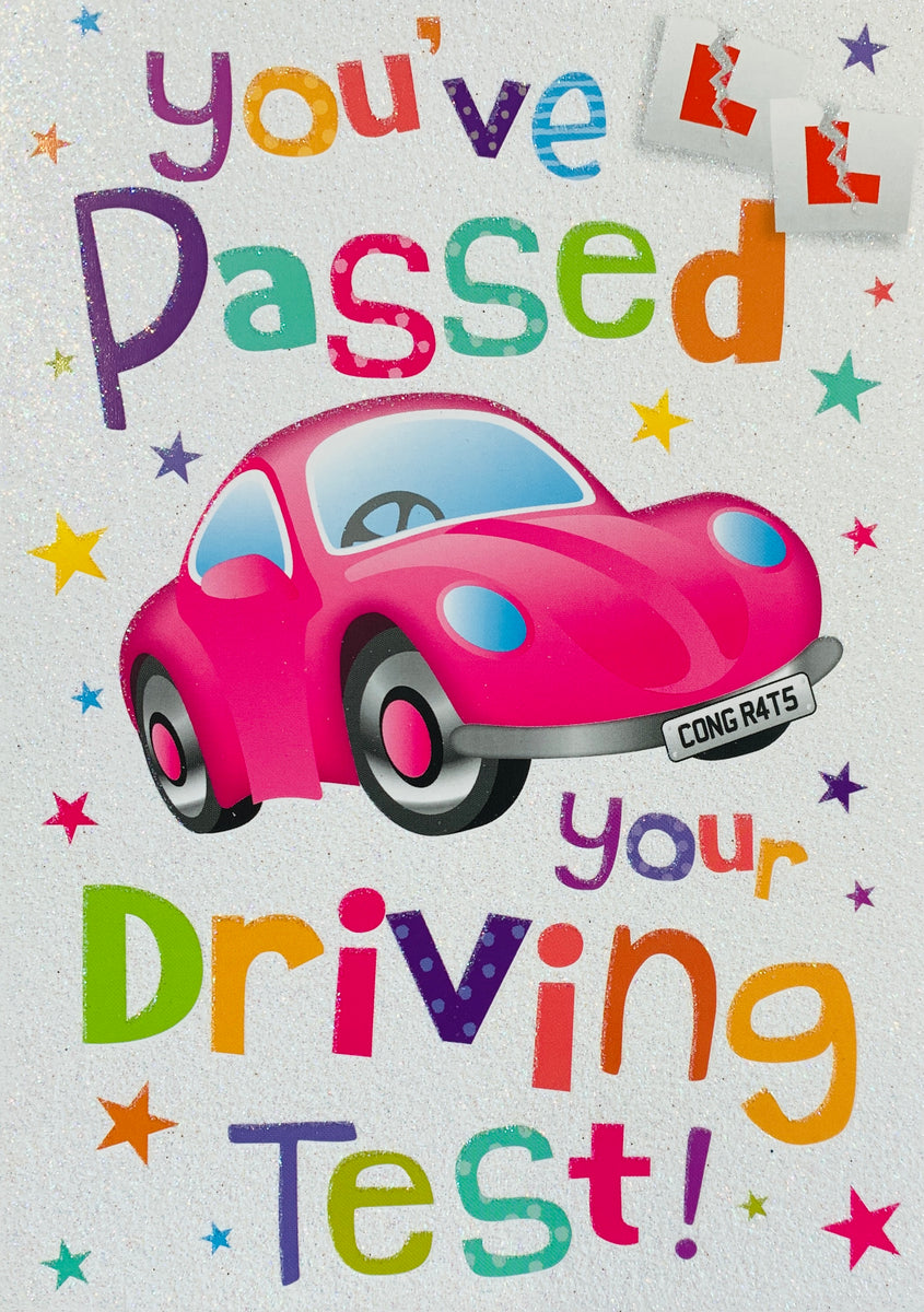 Driving test congratulations card pink beetle glitter – Cards Through ...