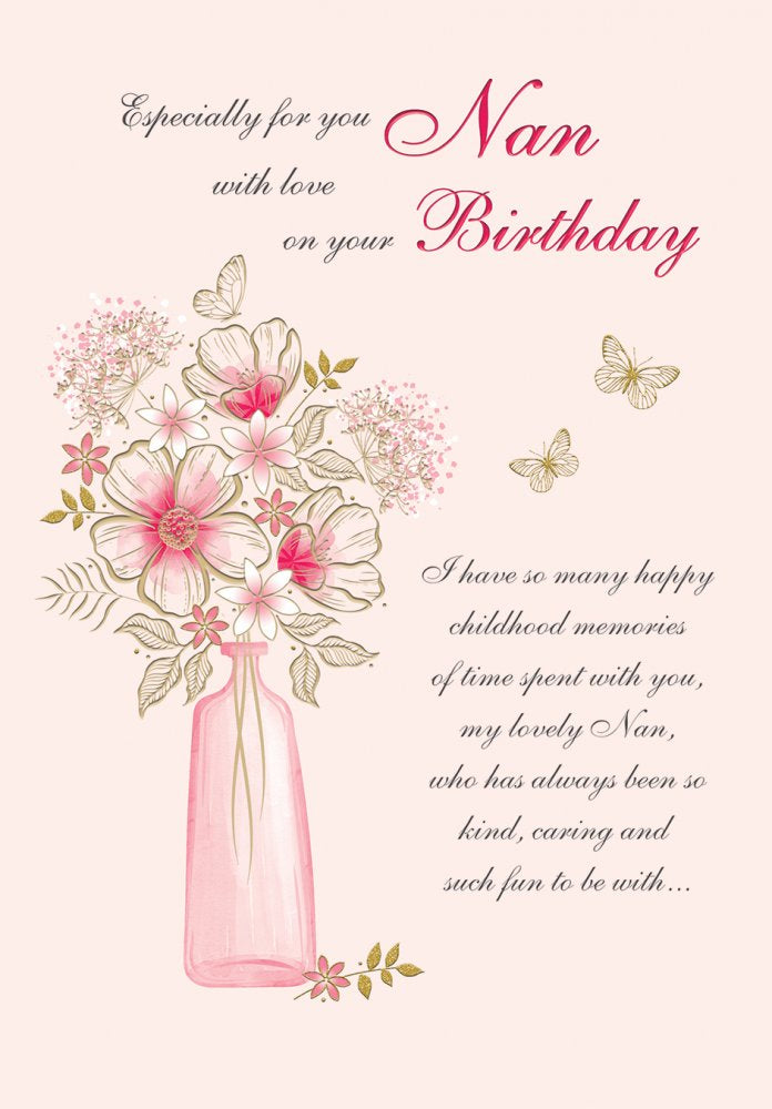 Nan birthday card - flowers and butterflies – Cards Through The Post.com